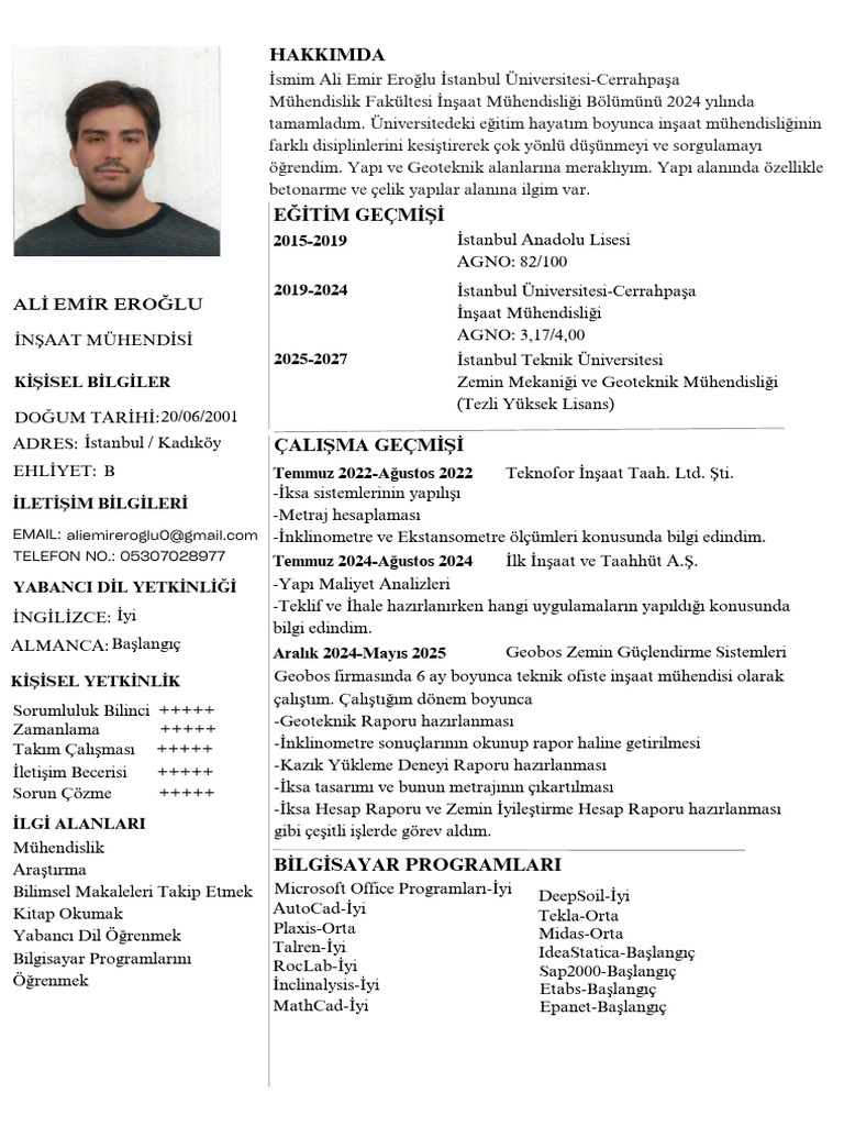 Ali Emir Eroğlu CV Özgeçmiş | PDF