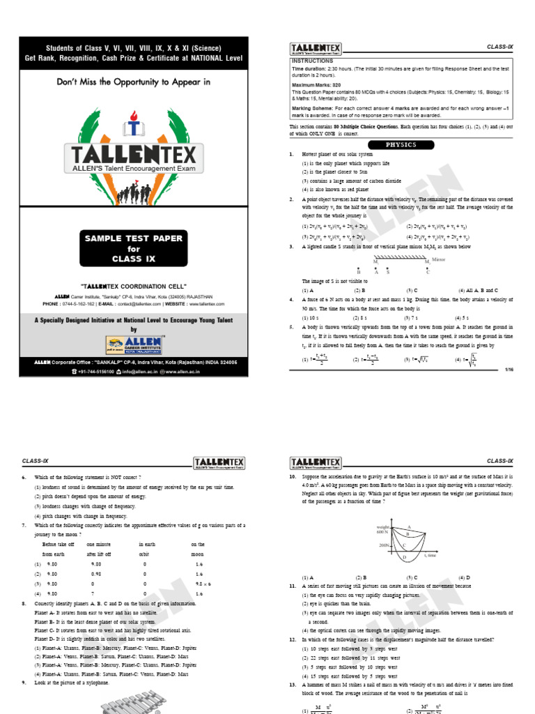 Class-IX - Tallentex Sample Paper | PDF | Tissue (Biology) | Cell (Biology)