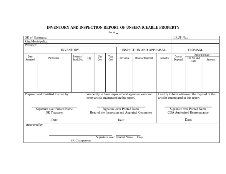 Inventory and Inspection Report of Unserviceable Property | PDF