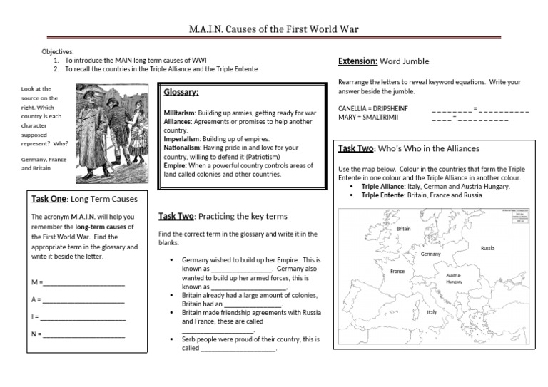 MAIN Causes WWI Worksheet | PDF | Allies Of World War I | World War I