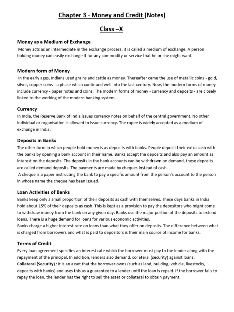 Money and Credit Notes Eco | PDF | Loans | Money