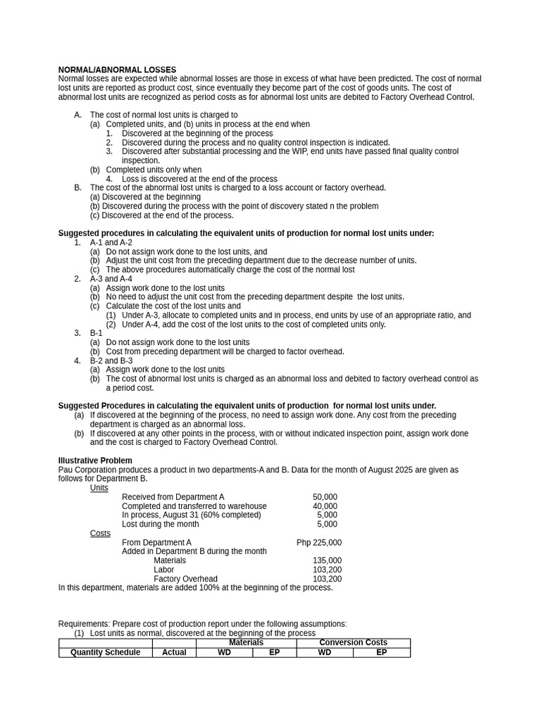 Lecture On Abnormal-Normal Lost Units | PDF | Business Economics | Business