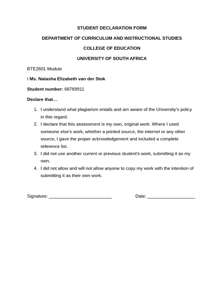 Student Declaration Form | PDF