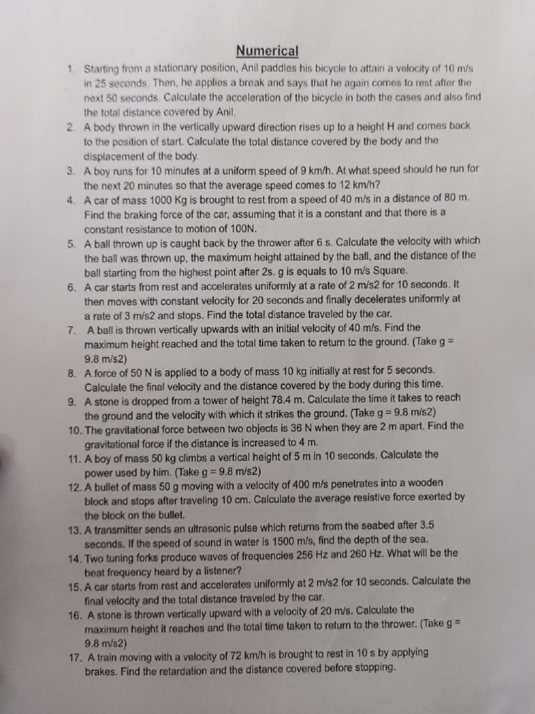 Physics Numericals Worksheet 3 | PDF