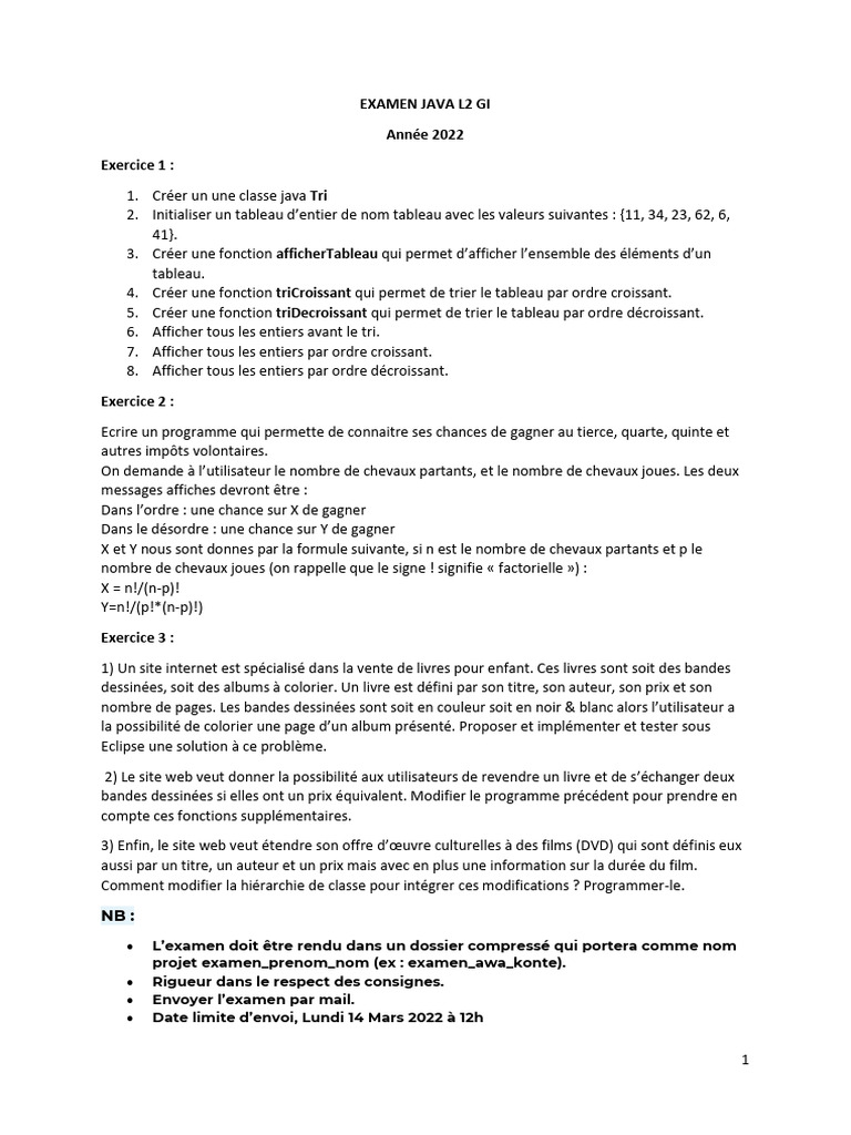 Examen Java | PDF | Java (Langage de programmation)