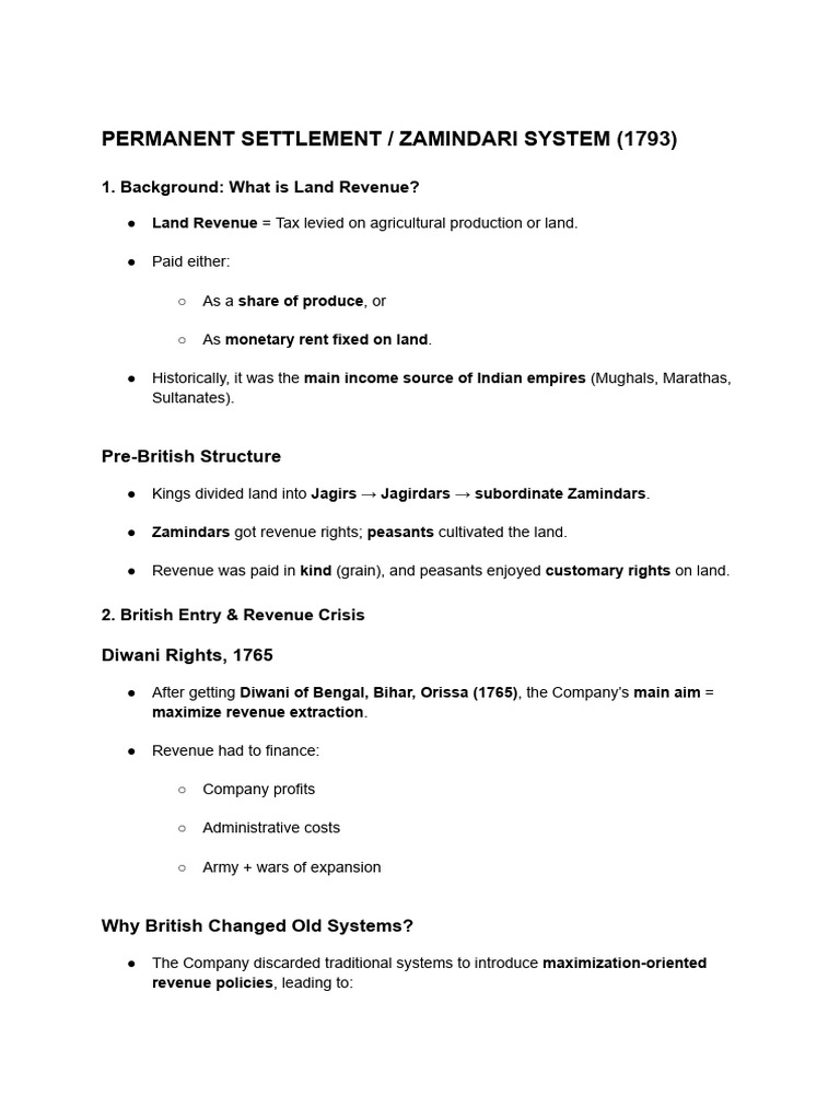 Permanent Settlement - Zamindari System (1793) | PDF | Economies