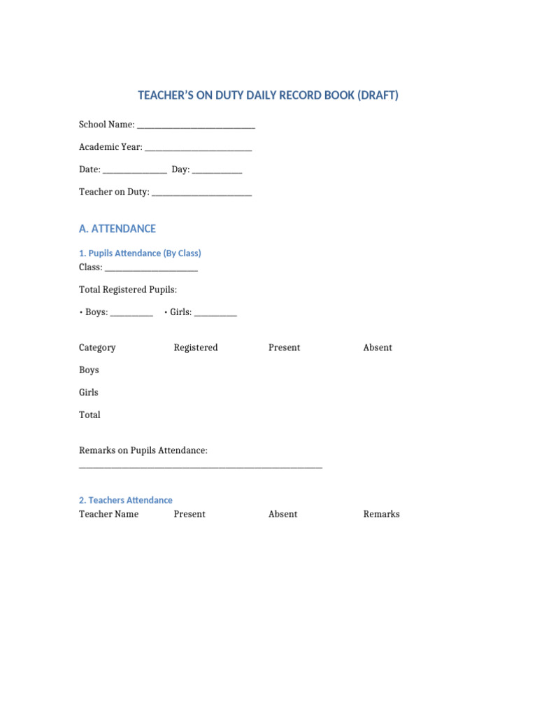 Teachers On Duty Daily Record Book Draft | PDF
