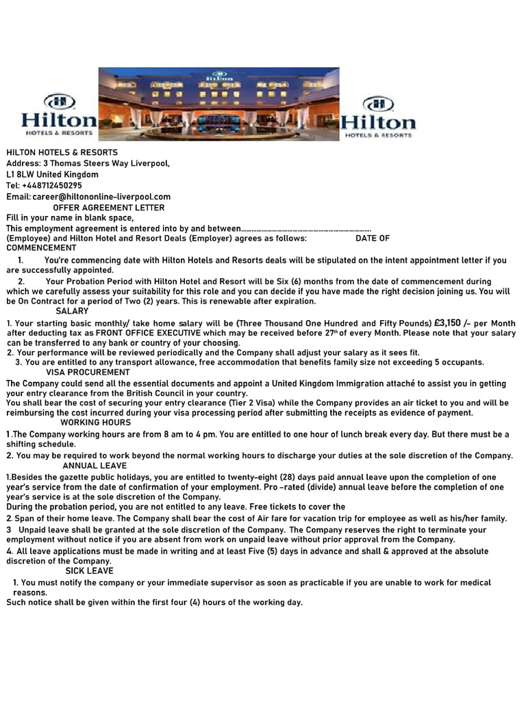 Hilton Agreement Form | PDF | Annual Leave | Sick Leave