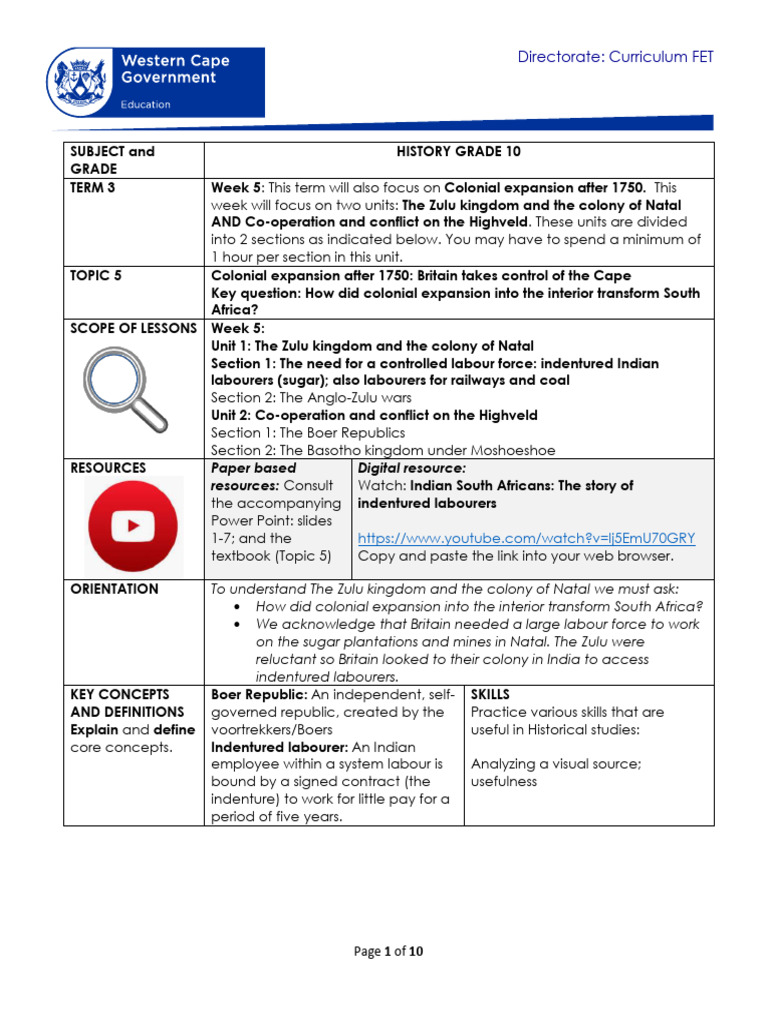 History Grade 10 Term 3 Week 5 - 2020 2 | PDF | Zulu Kingdom | Essays
