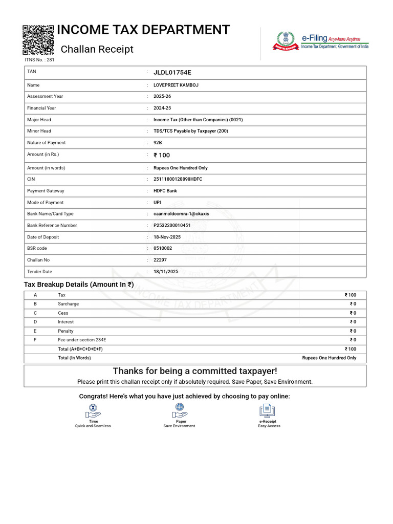 25111800128898HDFC ChallanReceipt | PDF | Payments | Economies