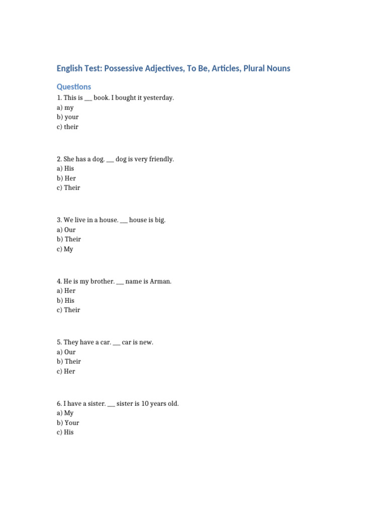 English Test Possessive Adjectives | PDF
