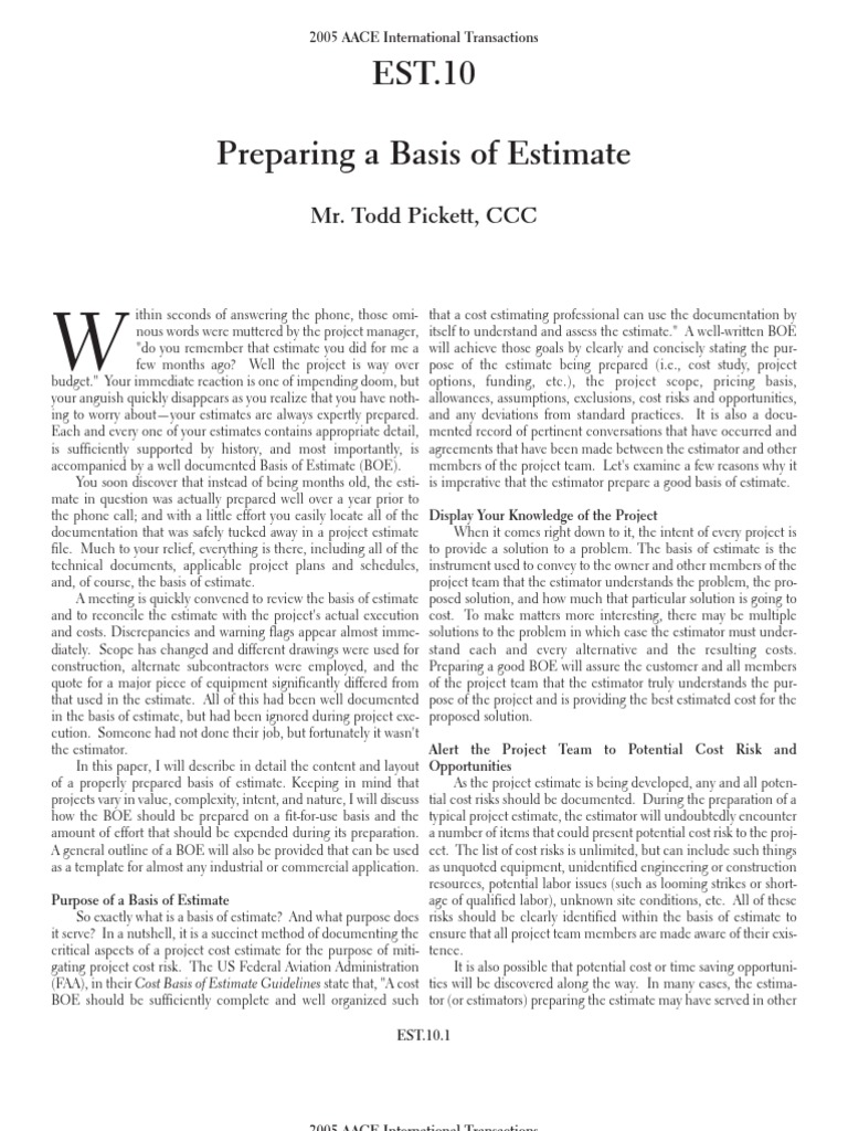 AACE Preparing Basis of Estimate | PDF | Business | Science