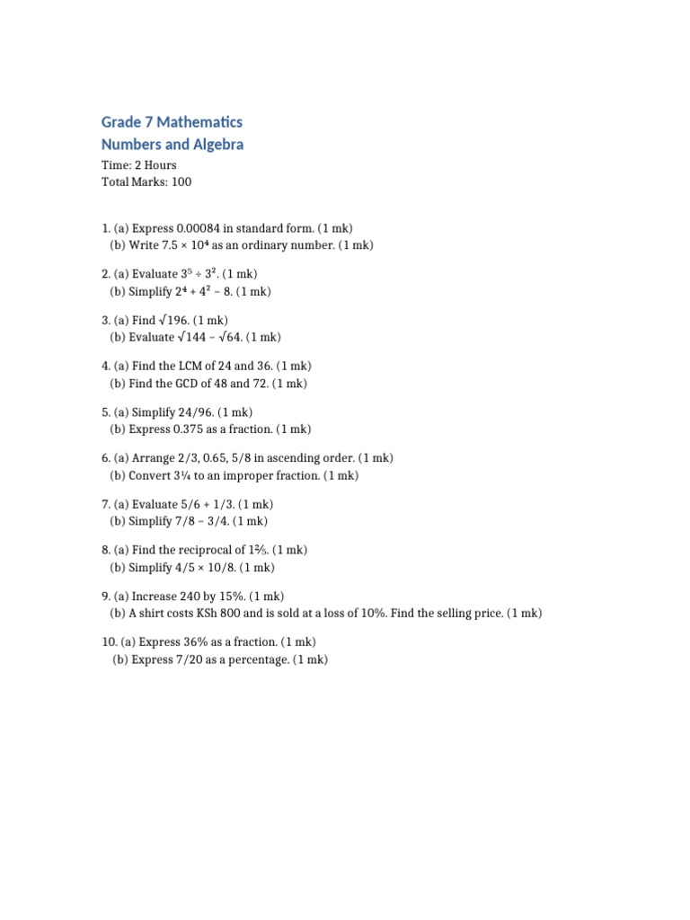 Grade 7 Maths Numbers and Algebra | PDF