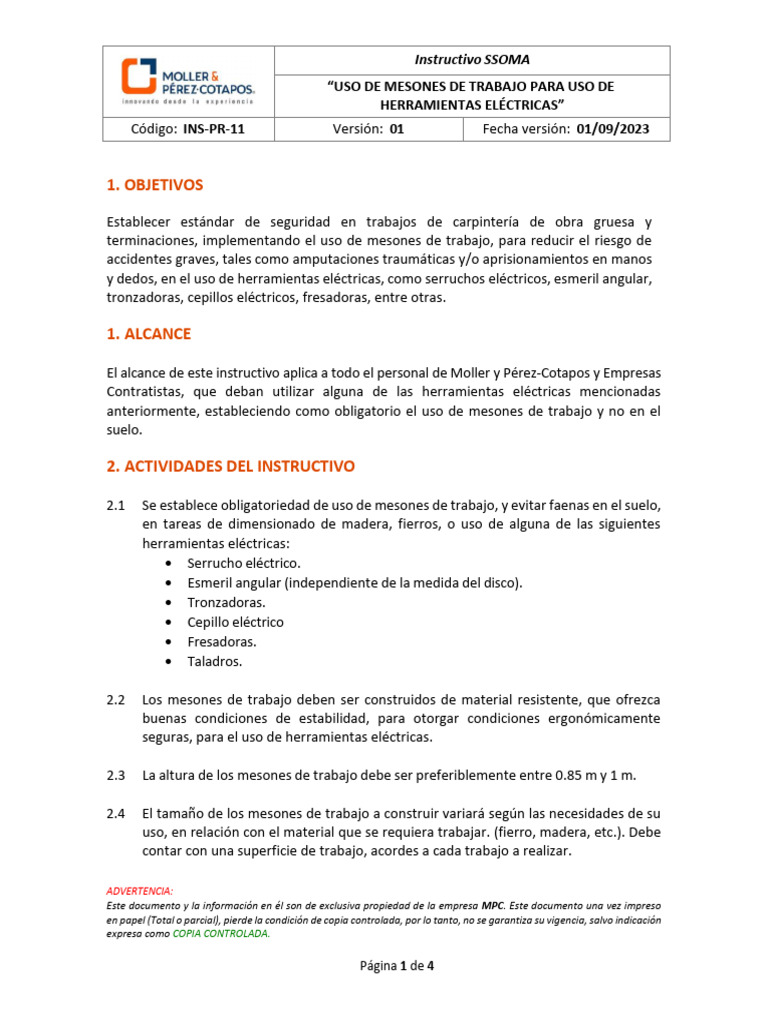 INS-PR-11 Uso de Mesones de Trabajo para Uso de Herramientas Eléctricos ...