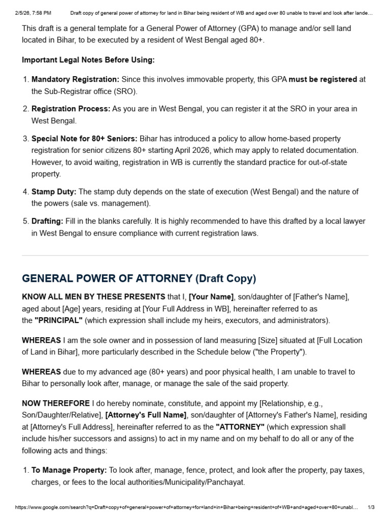 Draft Copy of General Power of Attorney for Land in Bihar Being ...