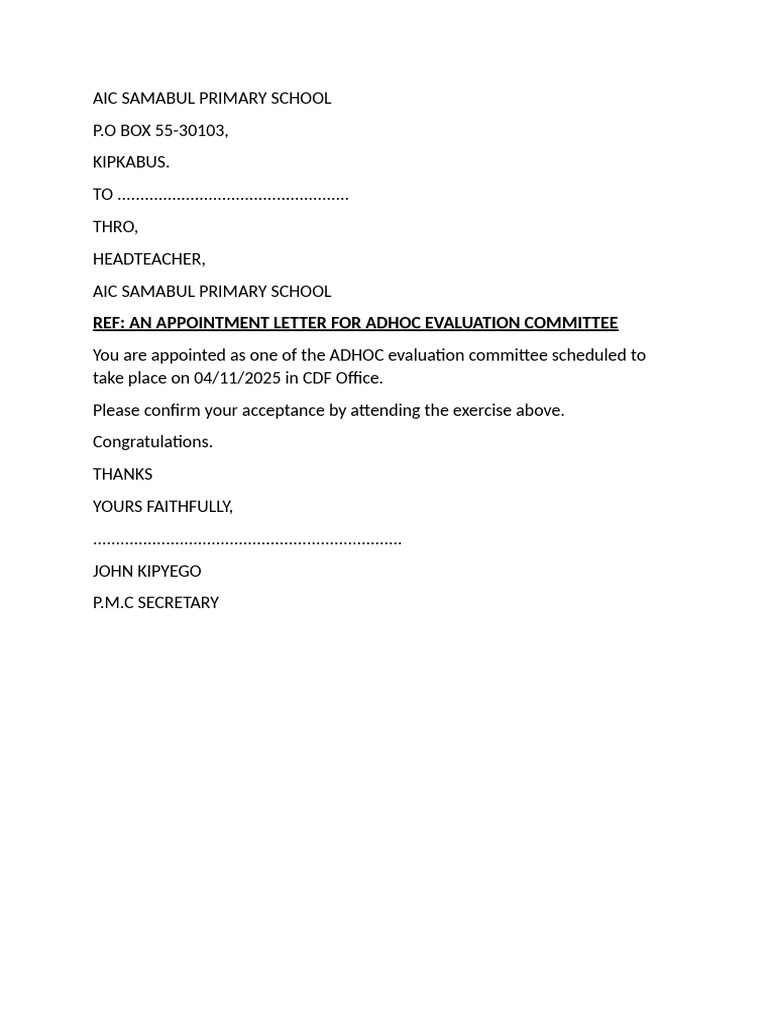 An Appointment Letter for Tender Opening Committee | PDF