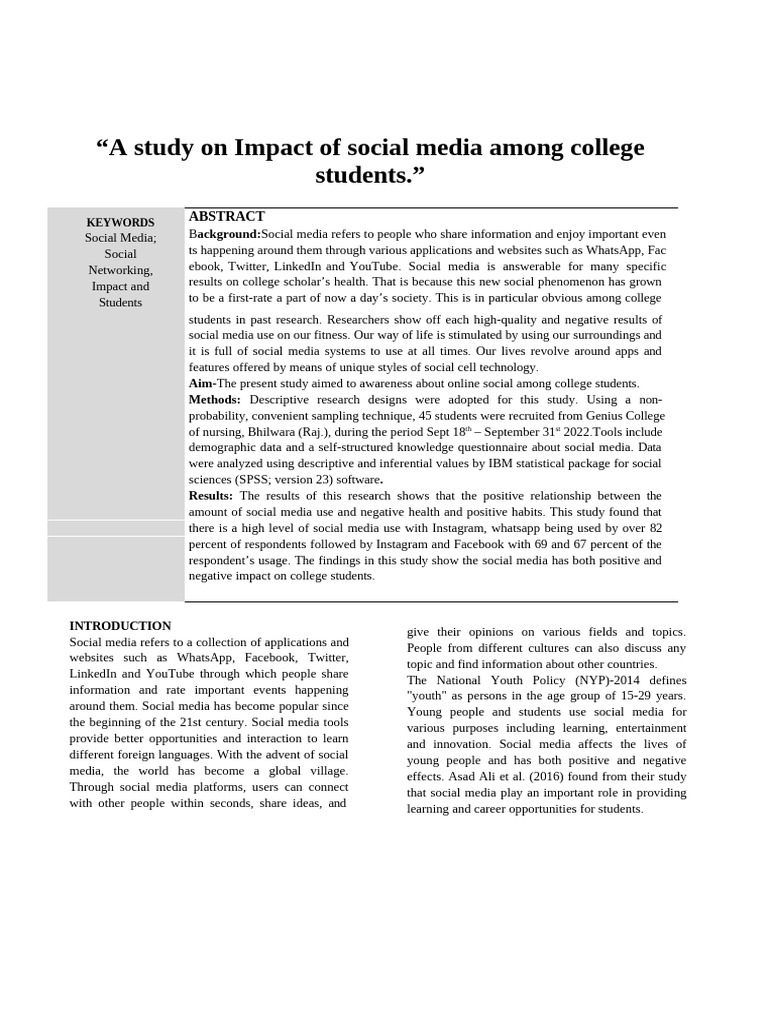 A Study On Impact of Social Media Among College Students. | PDF ...