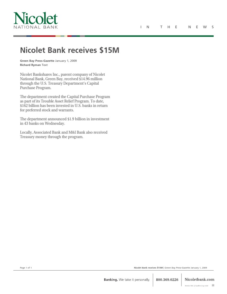In The News: Nicolet Bank Receives $15M | PDF