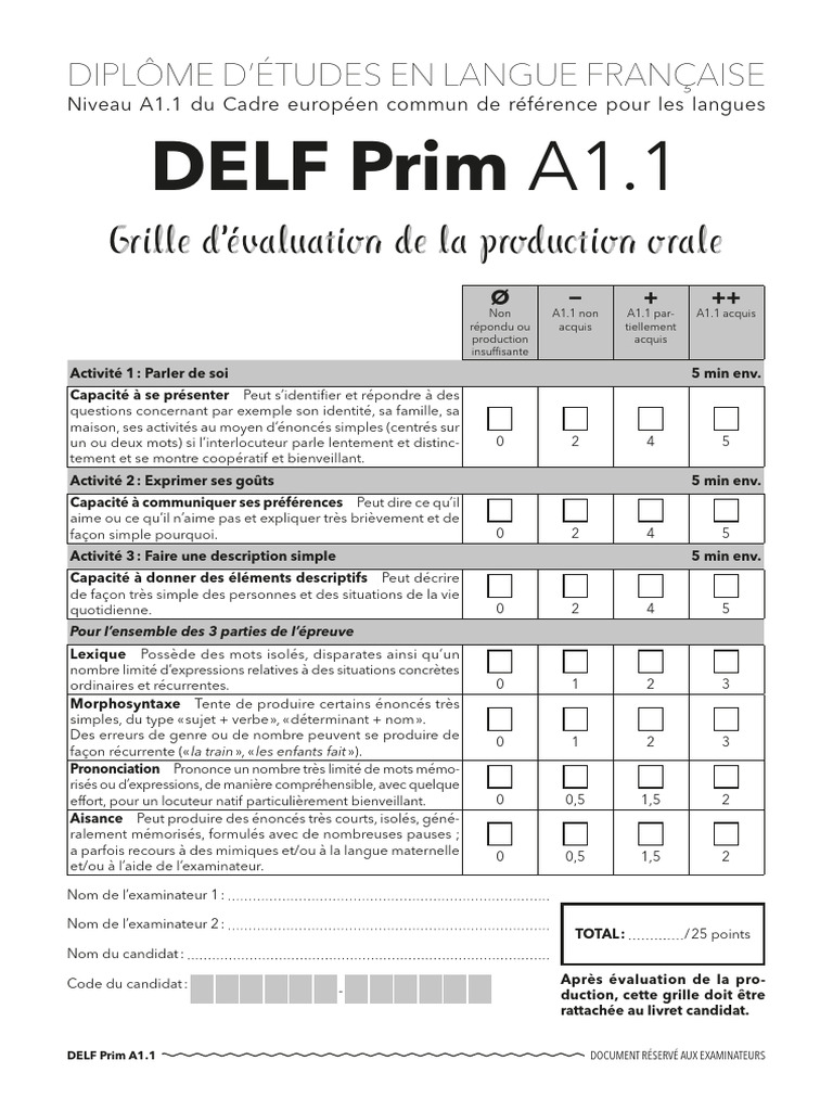 Grille Evaluation Production Orale Delf Prim A1 1 | PDF | Communication ...