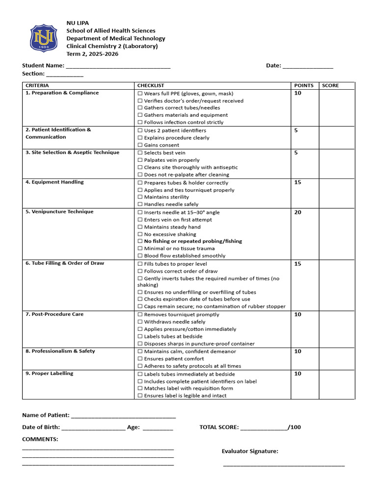 Rubrics for Phlebotomy | PDF | Medicine | Medical Specialties