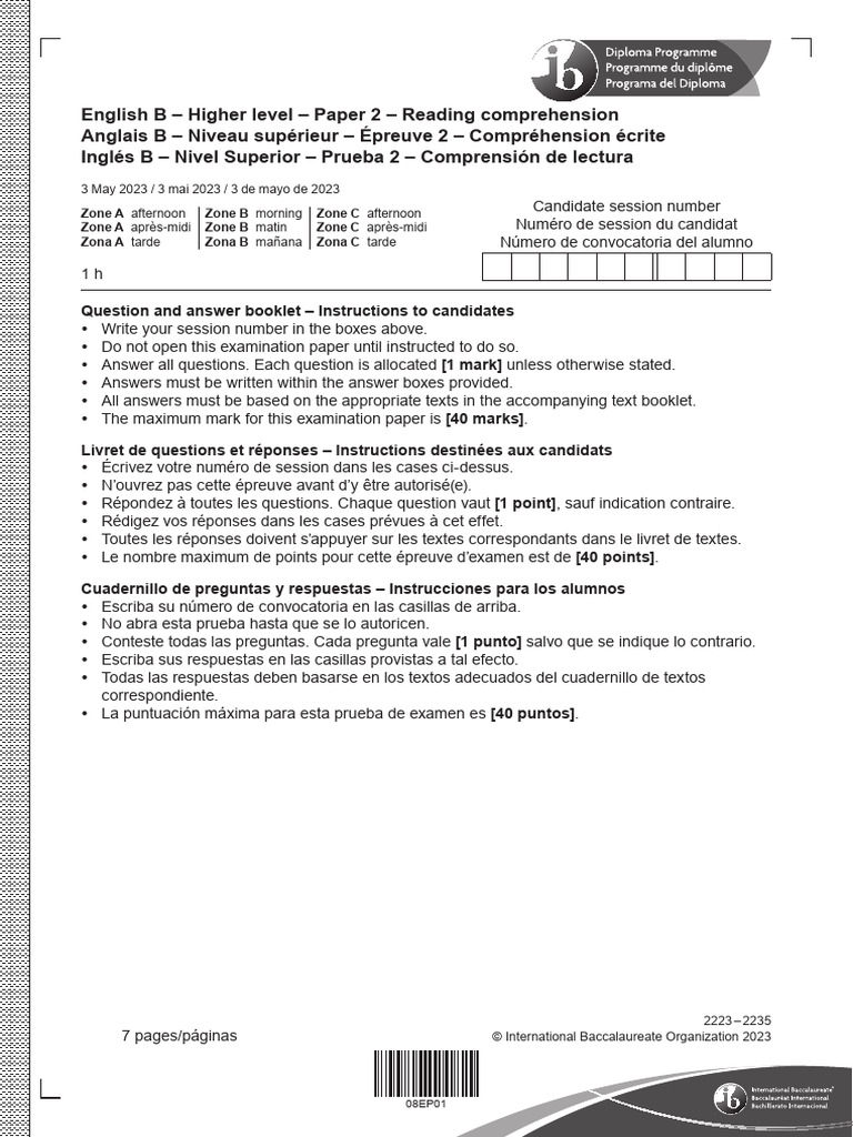 English B Paper 2 Reading Comprehension Question Booklet HL-2 | PDF