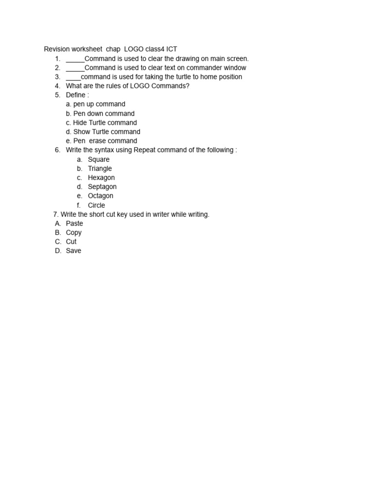Revision Worksheet Class4 ICT | PDF