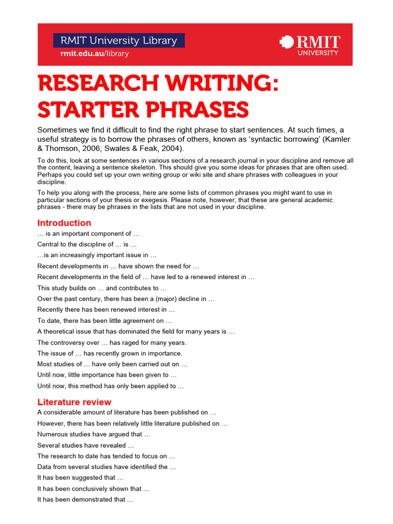 Research Writing Starter Phrases | PDF | Methodology | Cognition