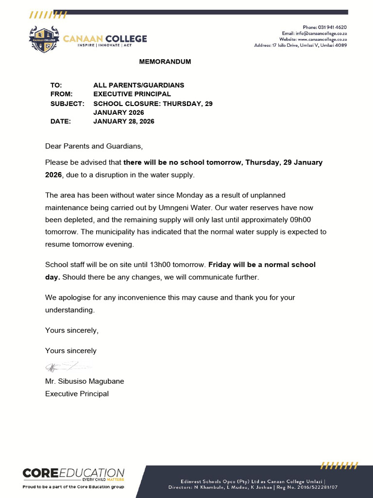 Memo - School Closure 29 January 2026 | PDF