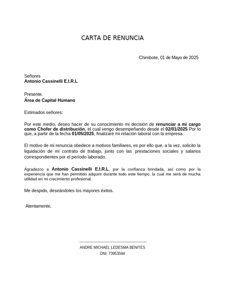 Modelo de Carta de Renuncia Voluntaria - Ledesma | PDF