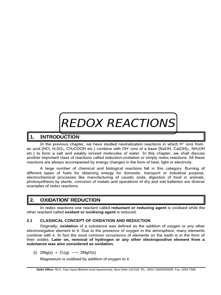 01 Redox Reactions (Theory) | PDF | Redox | Chemical Bond