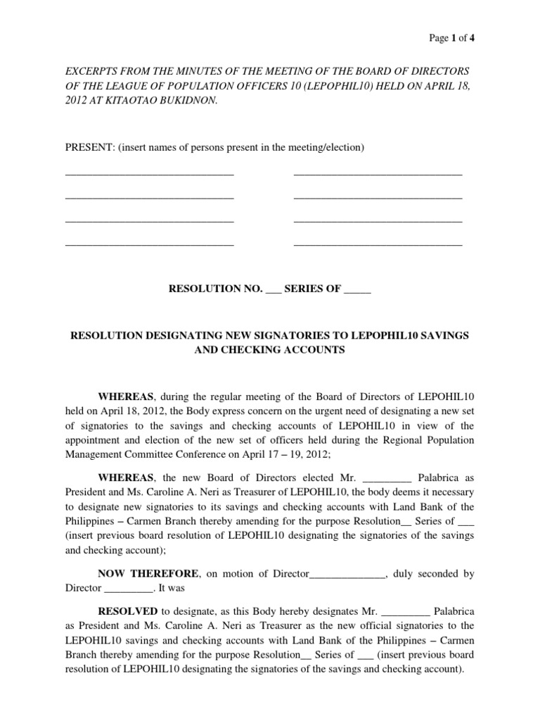 Board Resolution LEPOPHIL10 Change of Signatories | PDF | Signature ...