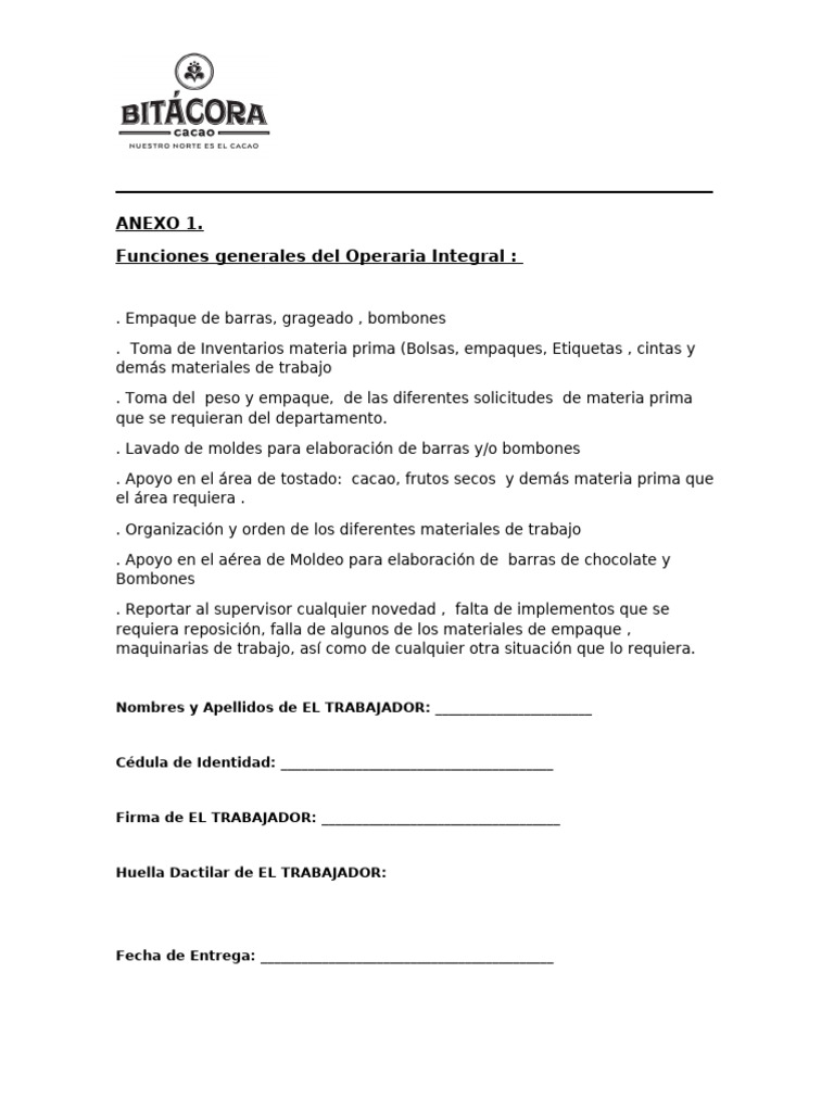 Anexo 1 Funciones Operario Integral | PDF