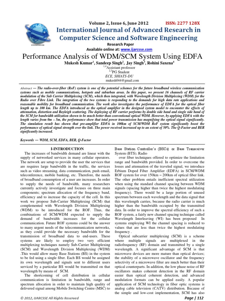 Performance Analysis of WDM/SCM System Using EDFA | PDF | Wavelength Division Multiplexing ...