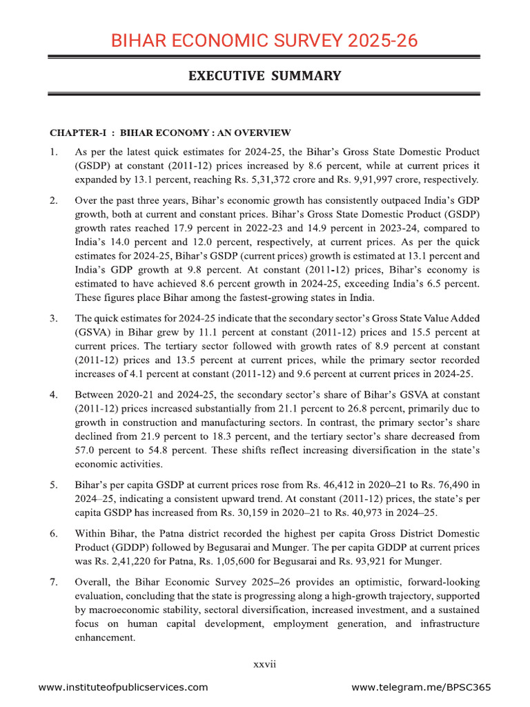 Summary - Bihar Economic Survey 2025-26 | PDF | Gross Domestic Product ...