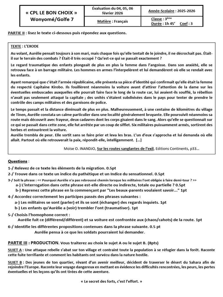 Francais 3e - Evaluation Février Etude de Texte | PDF