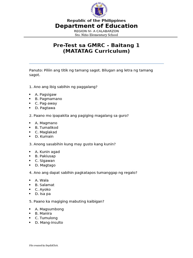 GMRC Grade1 PreTest DepEdClick | PDF