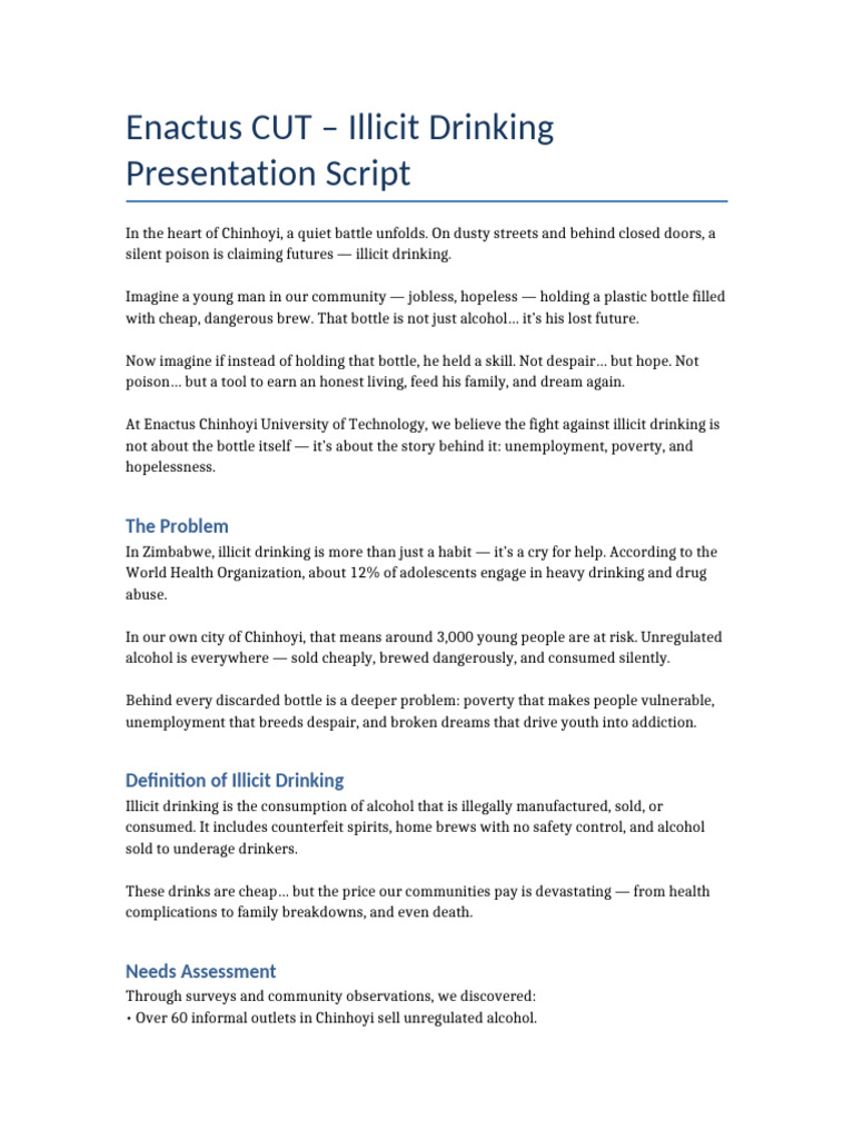 Enactus CUT Illicit Drinking Presentation Script Final | PDF