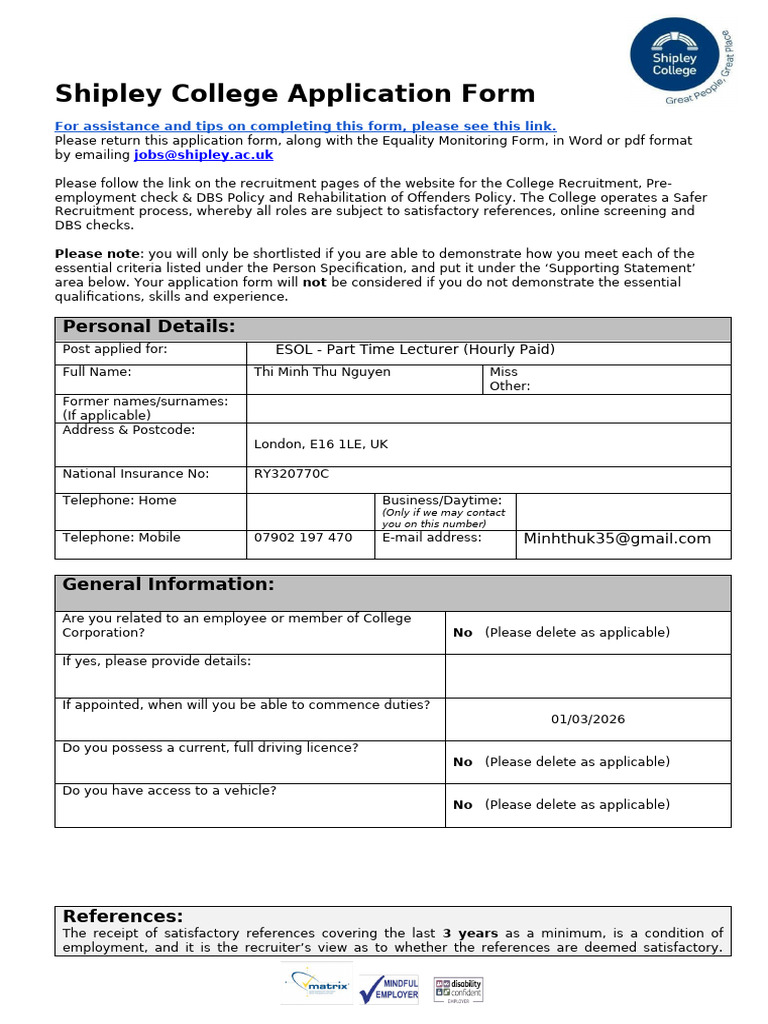 Shipley College Application Form 2024 2025 | PDF | Teachers | English ...