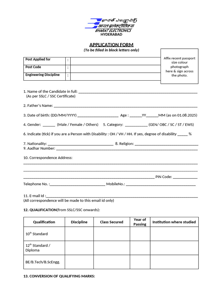 BEL Project Trainee Engineer Recruitment 2025 Form | PDF | Identity ...