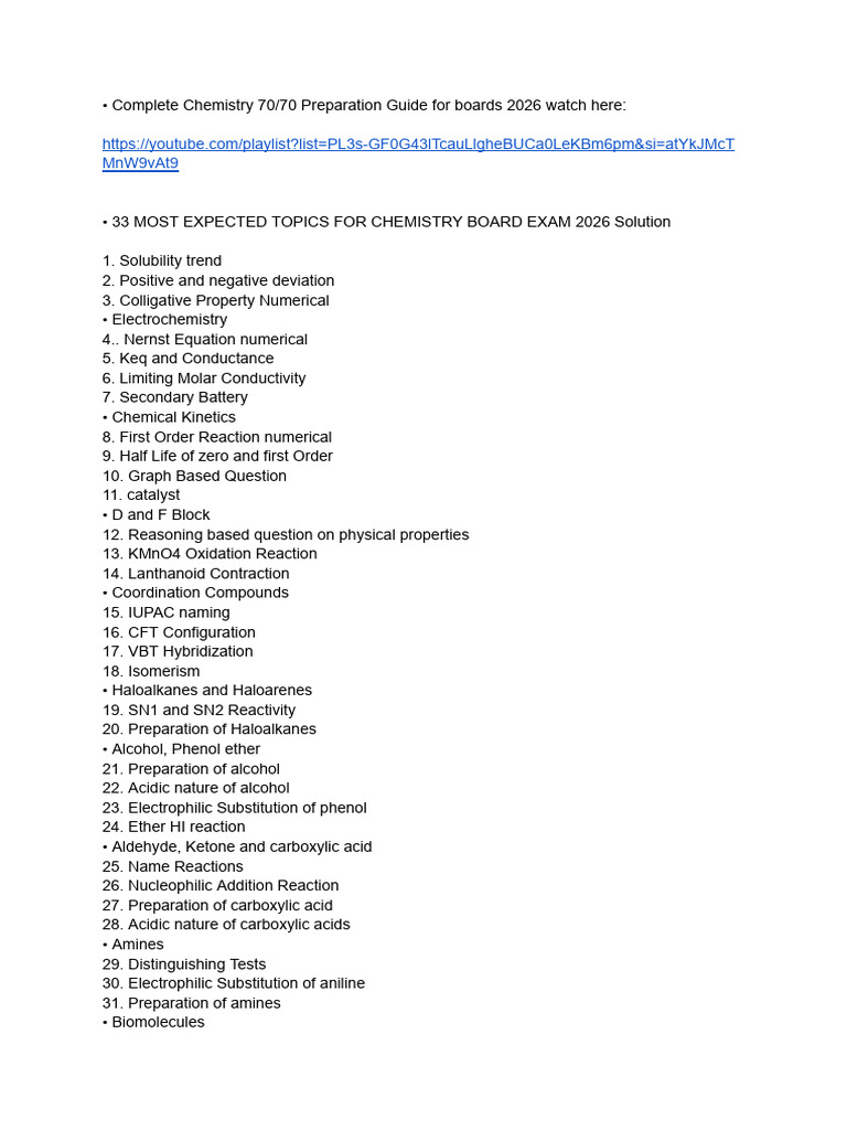 33 Most Expected Topics For Chemistry Board Exam 2026 Solution | PDF