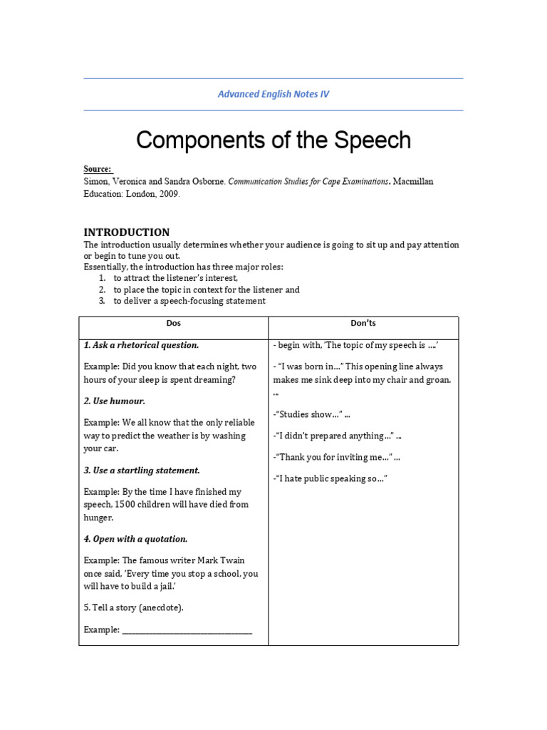 Advanced English Notes IV - Components of The Speech | PDF ...