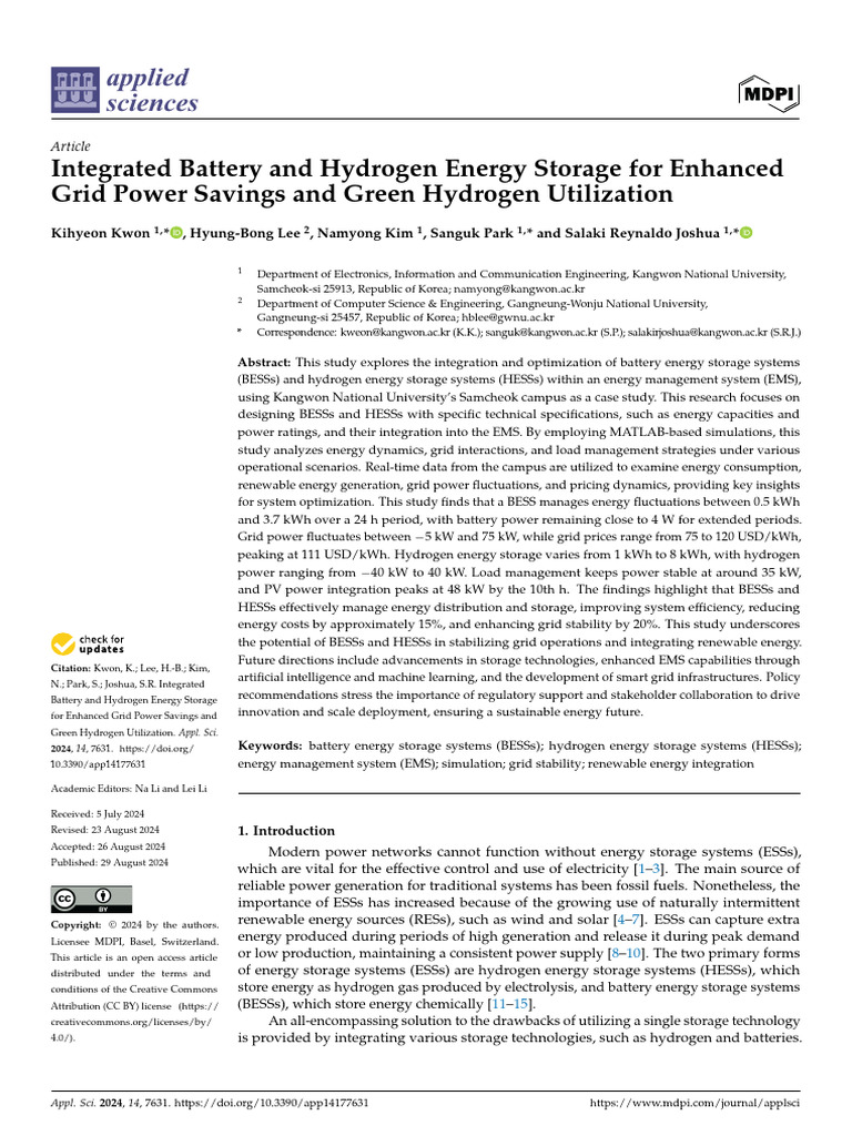 Integrated Battery and Hydrogen Energy Storage For | PDF | Energy ...