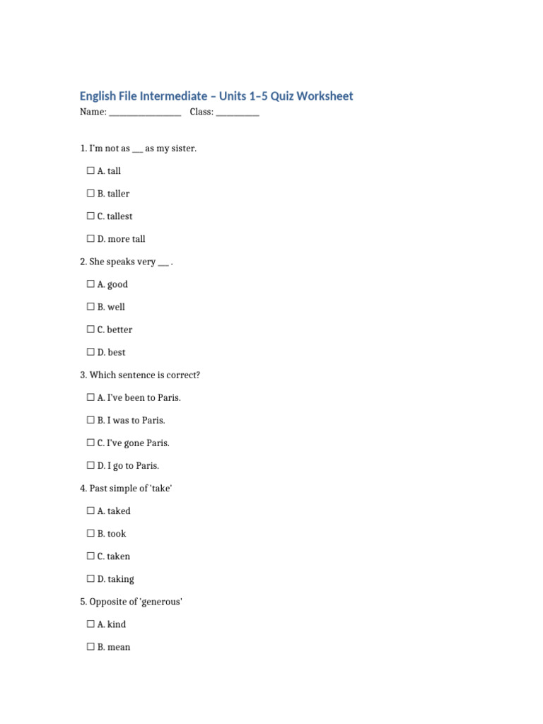 English File Intermediate Units 1-5 Worksheet-7 | PDF | Chess Theory ...