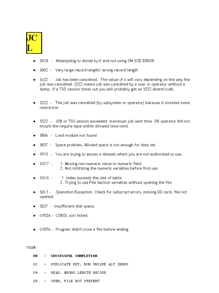 Mainframe Abend Codes (JCL, VSAM, CICS, DB2, IMS) | PDF | Operating System Families | Data ...