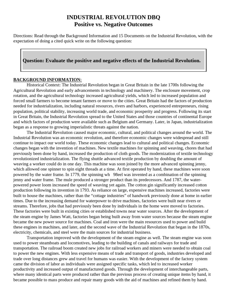 Copy of Industrial Revolution DBQ - Positives_Negatives (1) | PDF ...
