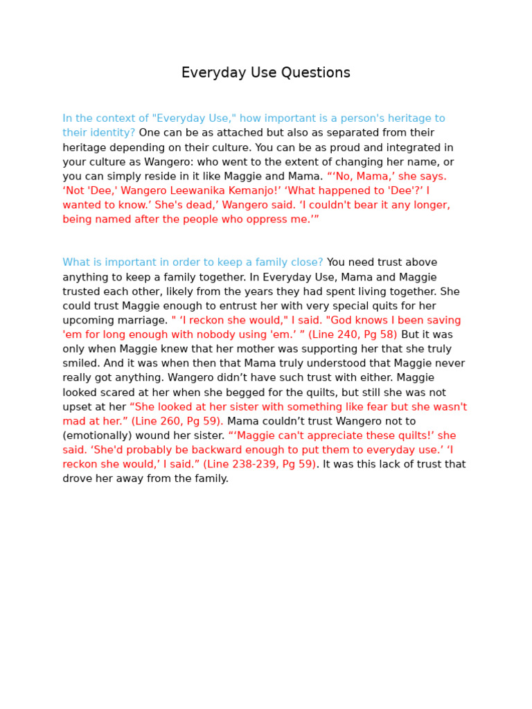 Everyday Use Questions | PDF