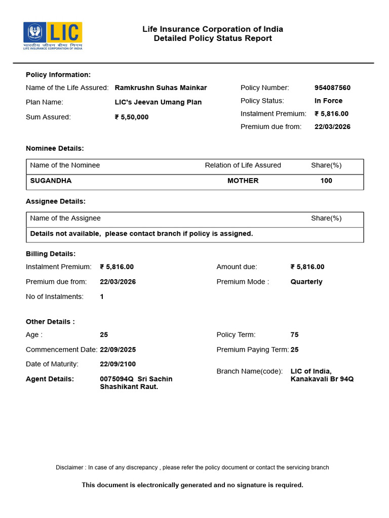 Life Insurance Corporation of India Detailed Policy Status Report | PDF