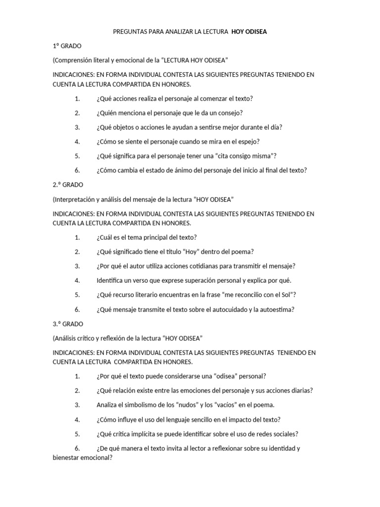 Preguntas para Analizar La Lectura Hoy Odisea | PDF
