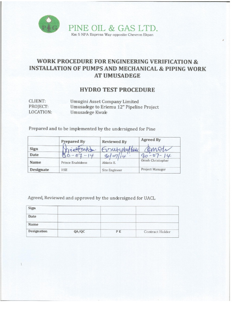 Hydro Test Procedure by Pine Oil | PDF