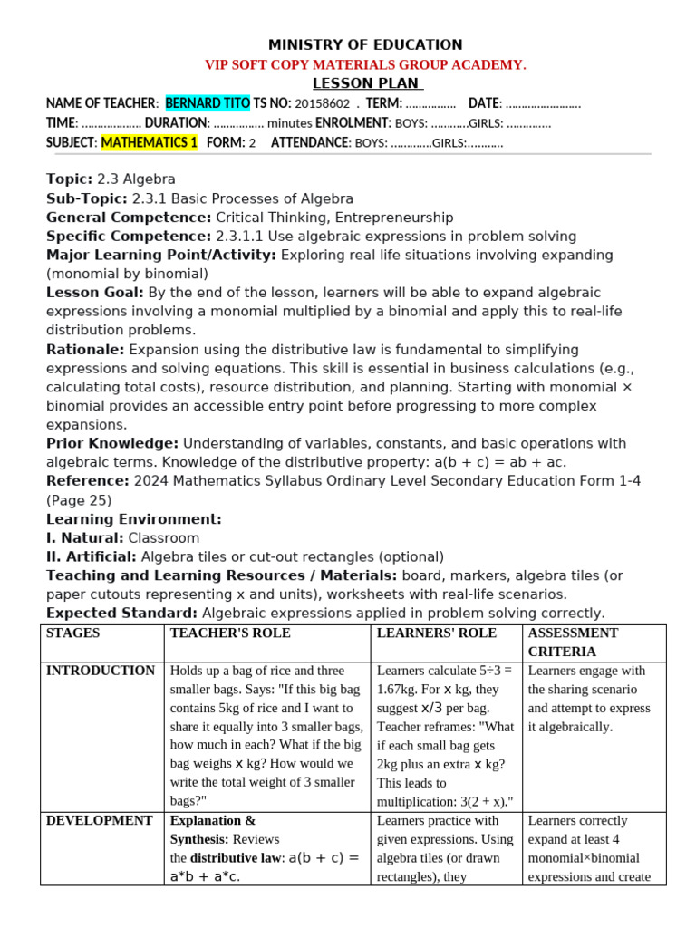 Algebra Mathematics 1 Form 2 Lesson Plans | PDF | Algebra | Factorization